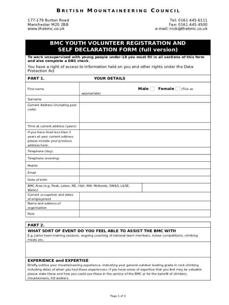 BMC YOUTH VOLUNTEER REGISTRATION AND SELF ... Doc Template | pdfFiller