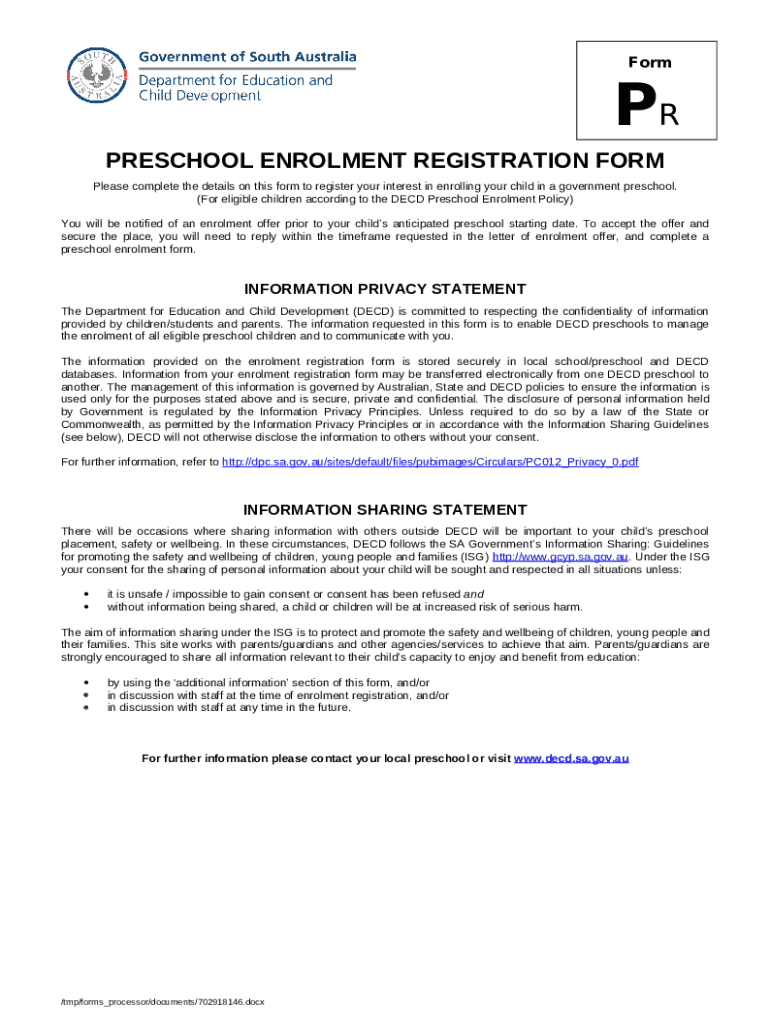 pr preschool enrolment registration Doc Template | pdfFiller