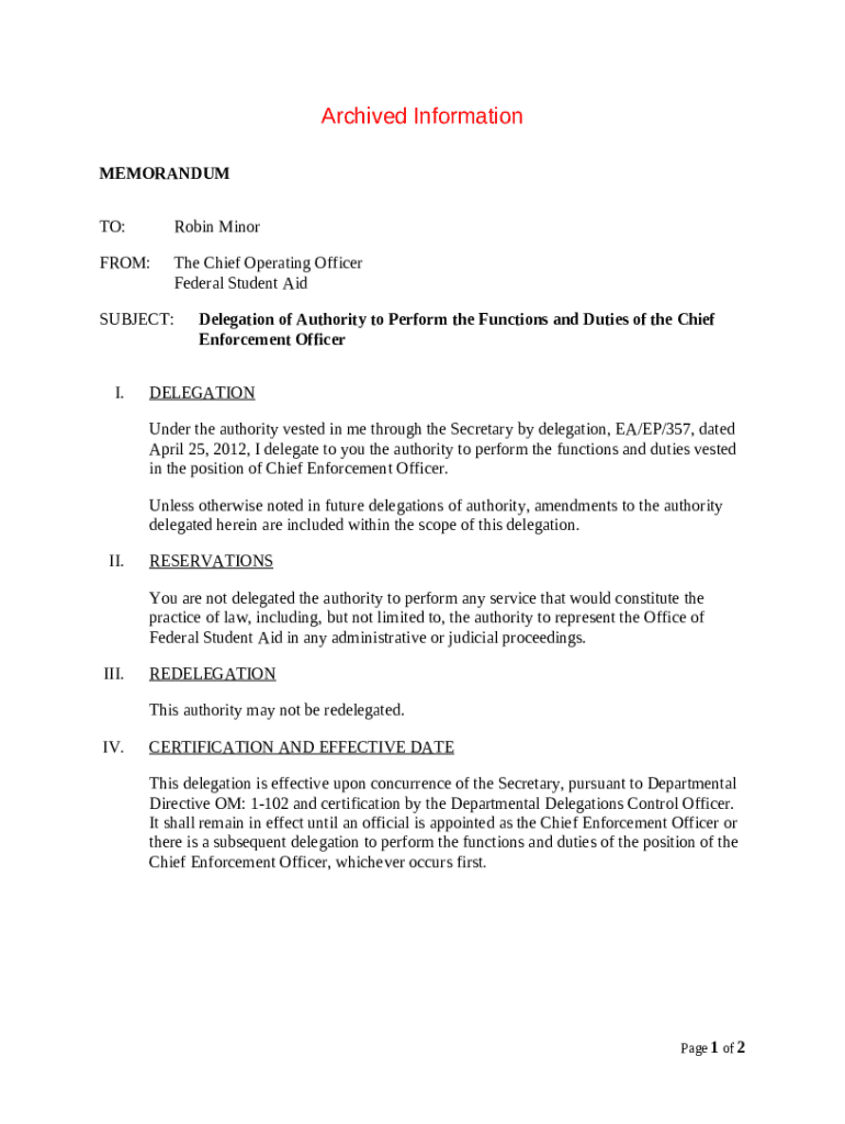 Delegation of Authority to Per the Functions and Duties ... - www2 ed Doc Template | pdfFiller