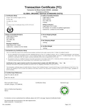 GOTS Template for Transaction Certificate Doc Template | pdfFiller