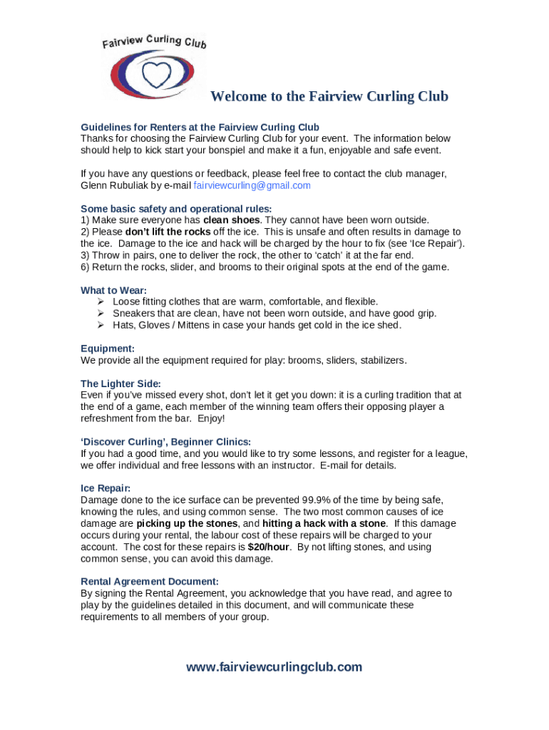 Fairview Curling Club Rental Agreement ... Doc Template | pdfFiller