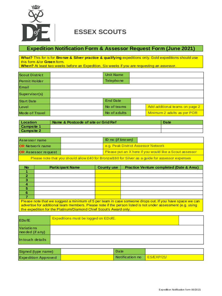 Expedition Notification - Suffolk Scouts DofE Doc Template | pdfFiller