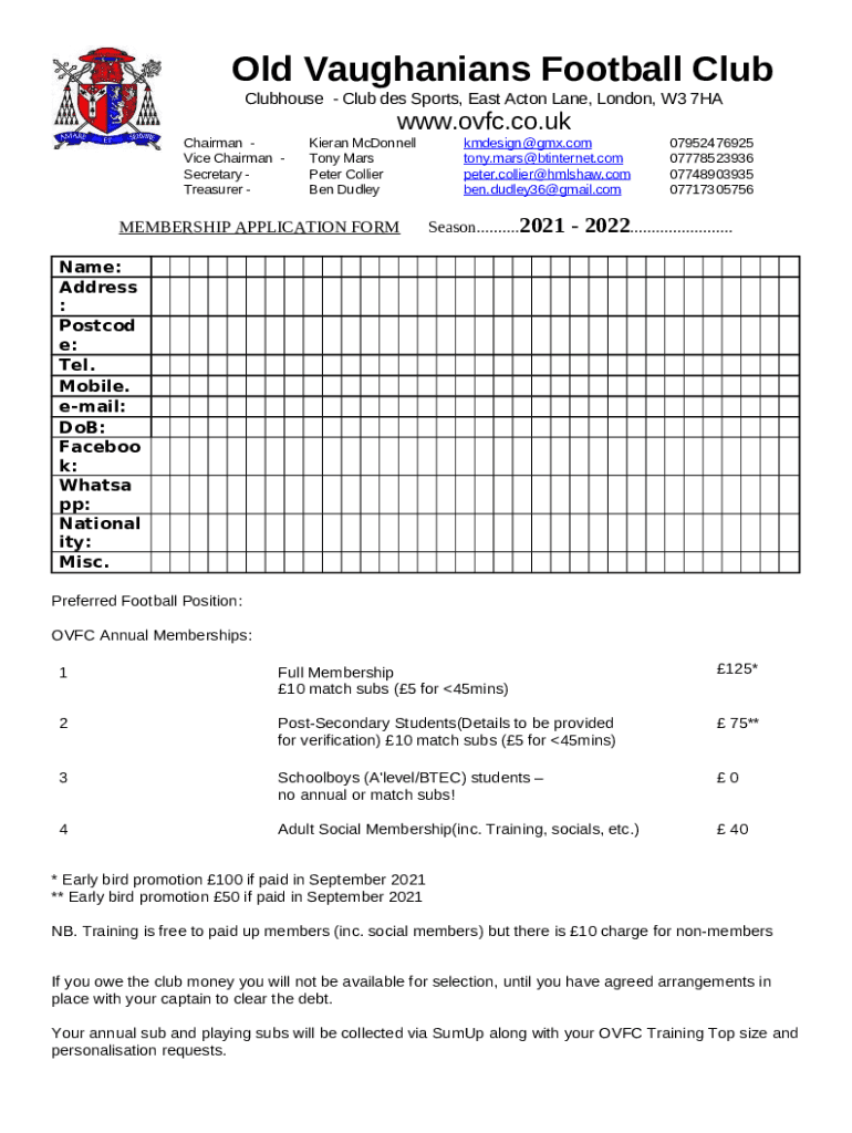 OVFC Football and Social Club Doc Template | pdfFiller