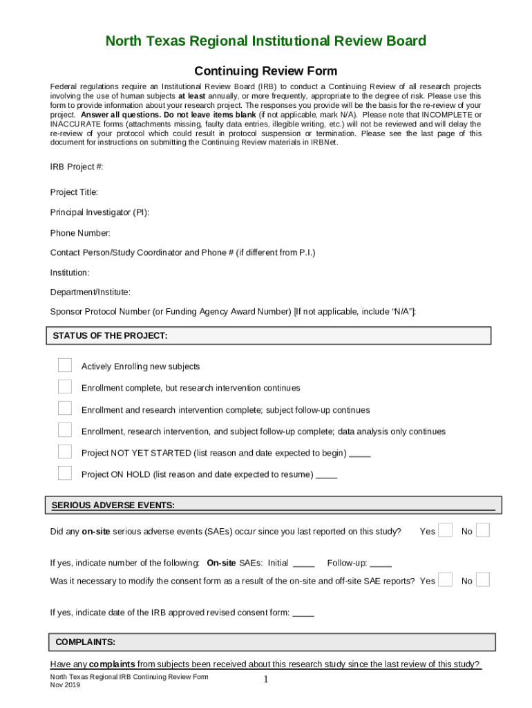 Continuing Review of a Research ... - North Texas Regional IRB Doc Template | pdfFiller