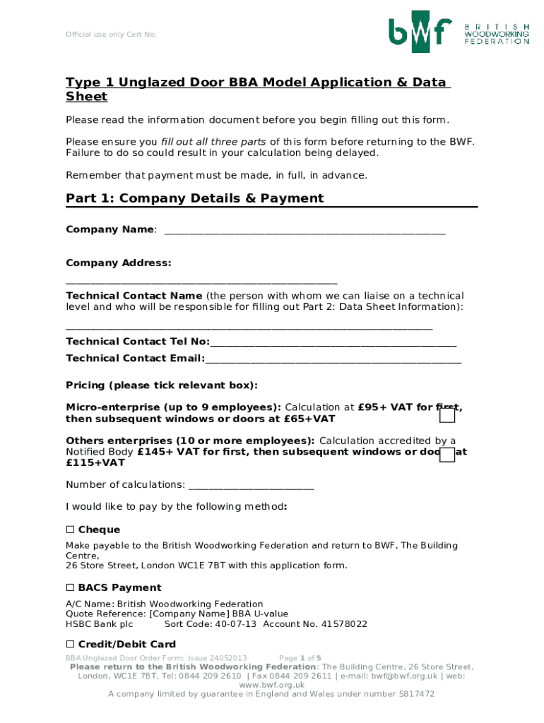Type 1 Unglazed Door BBA Model Application & Data Sheet Doc Template | pdfFiller
