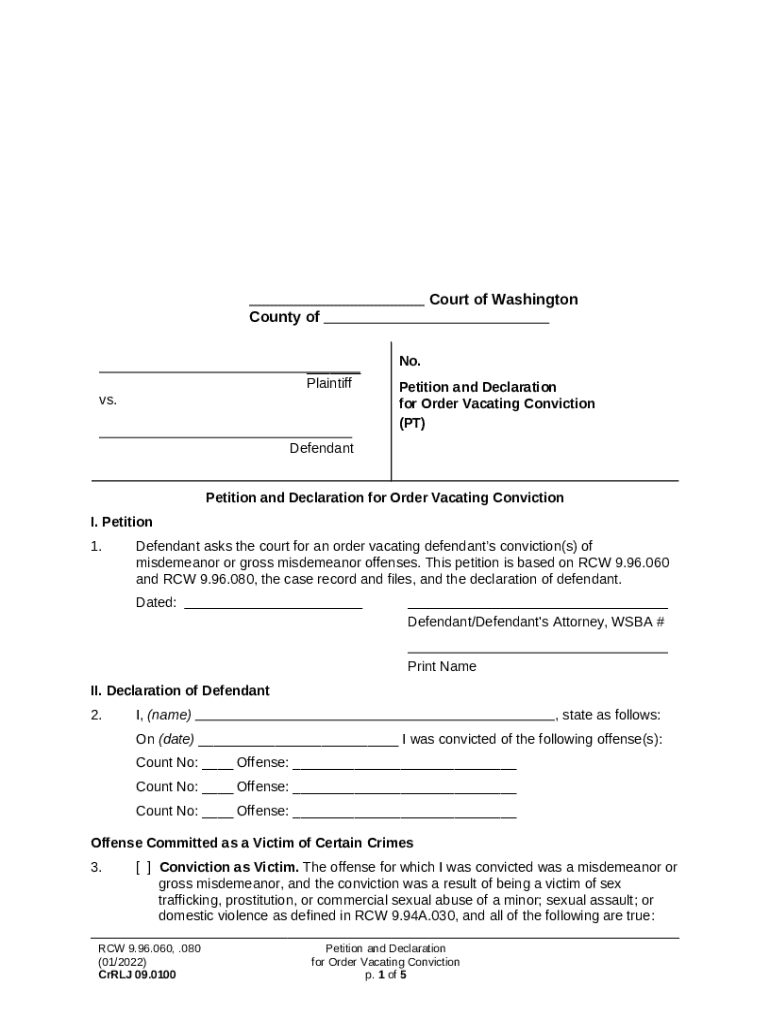 Petition and Declaration for Order Vacating Conviction Doc Template ...