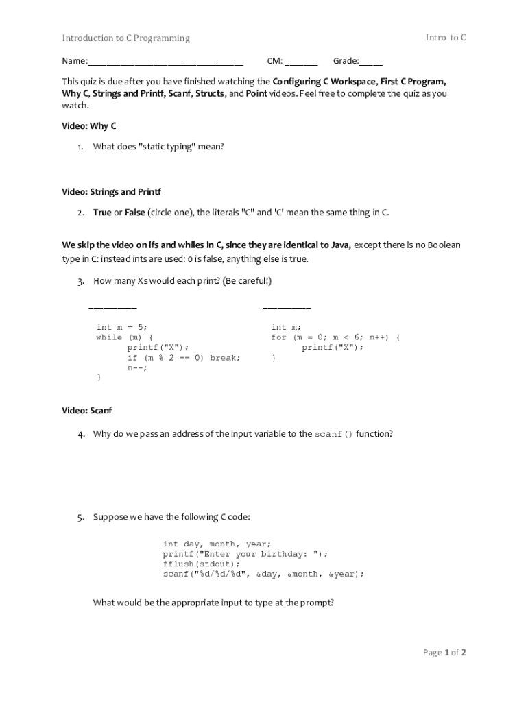 Fillable Online Page 1 Of 2 Introduction To C Programming Intro To C Name Fax Email Print