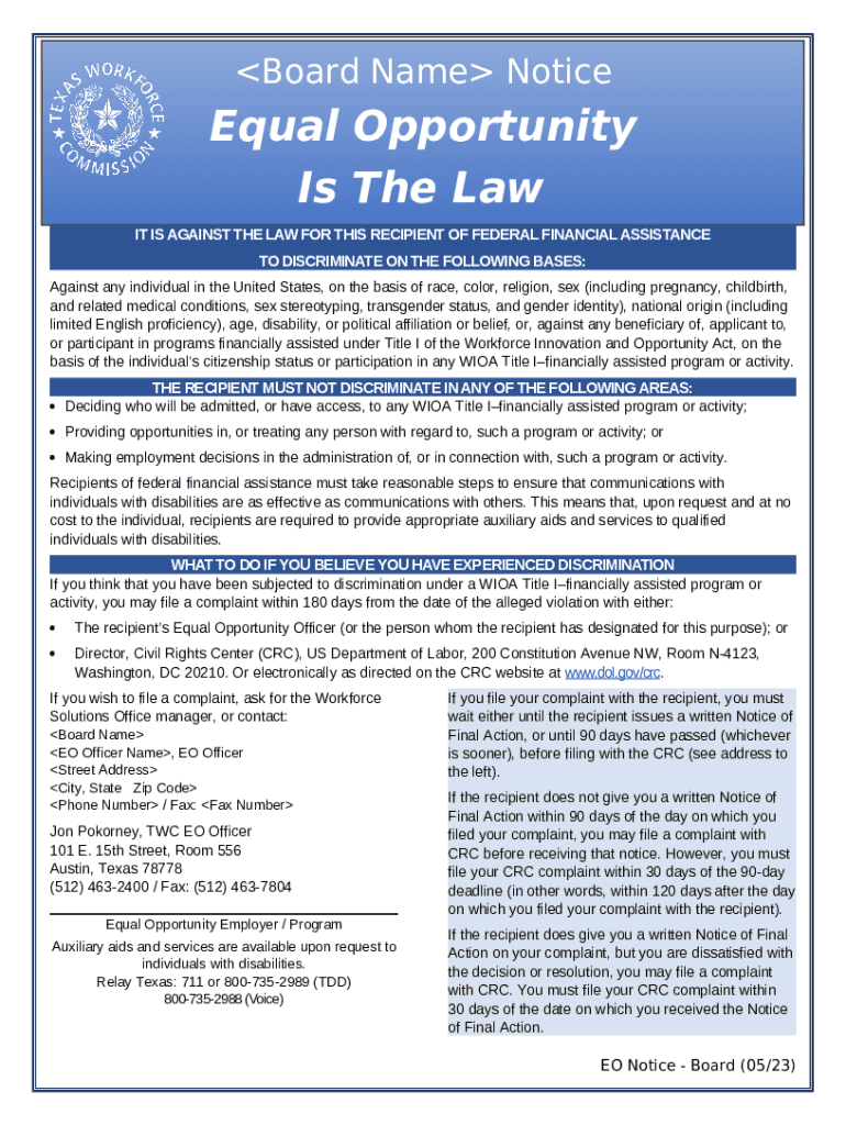 Equal Opportunity Is the Law Notice Doc Template | pdfFiller