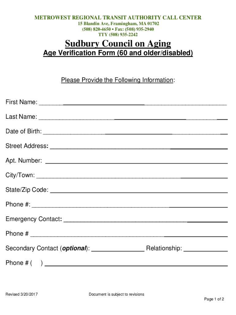 Fillable Online DialARide Age Verification Form (65 and older) Fax ...