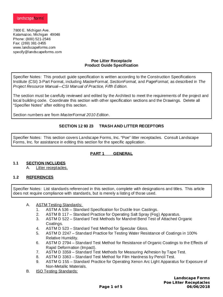 Poe Litter Receptacles. Guide Specification Doc Template | pdfFiller