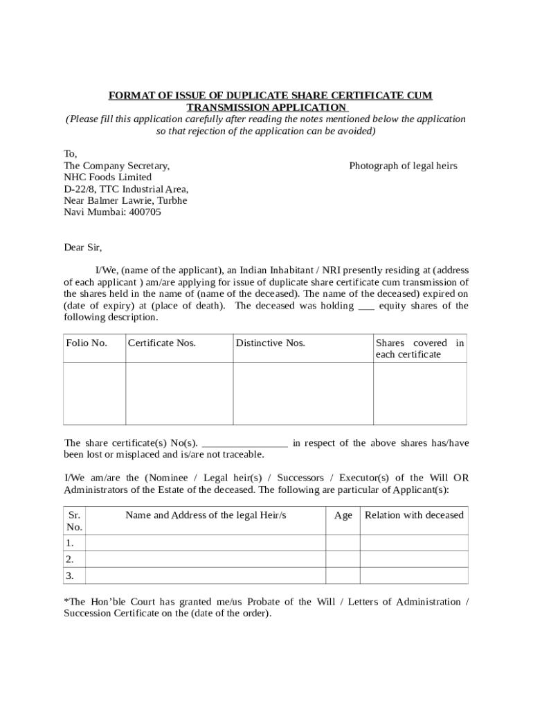 Application-for-Duplicate Share-Certificate- ... Doc Template | pdfFiller