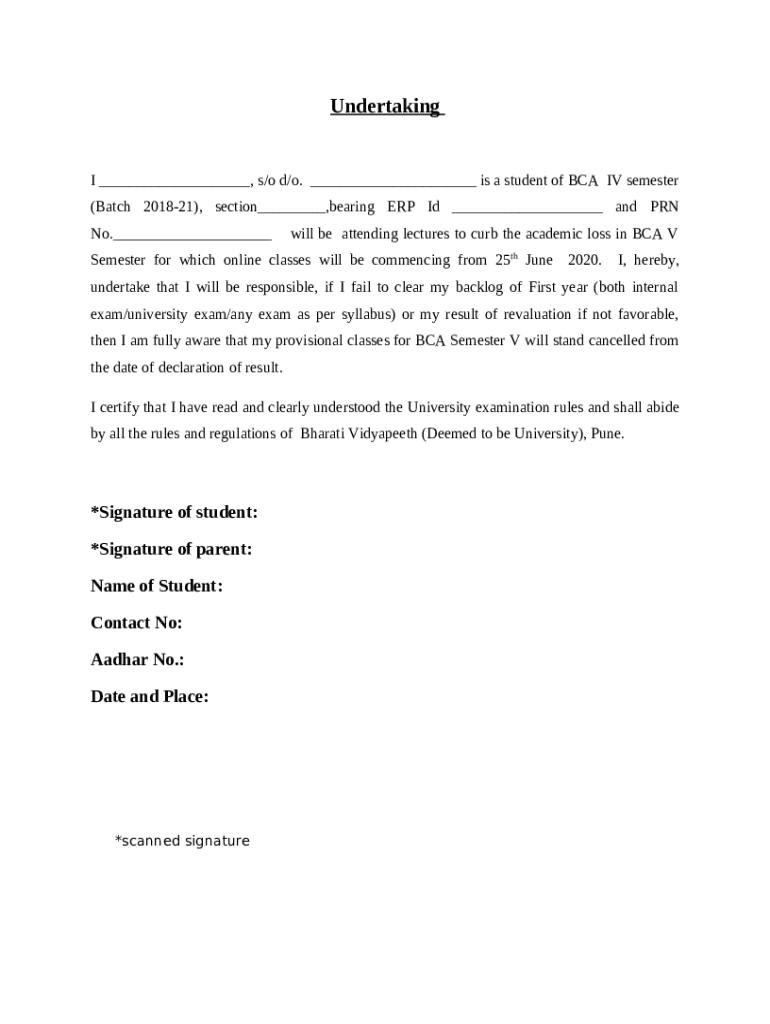 Undertaking for semester IV - BCA Doc Template | pdfFiller