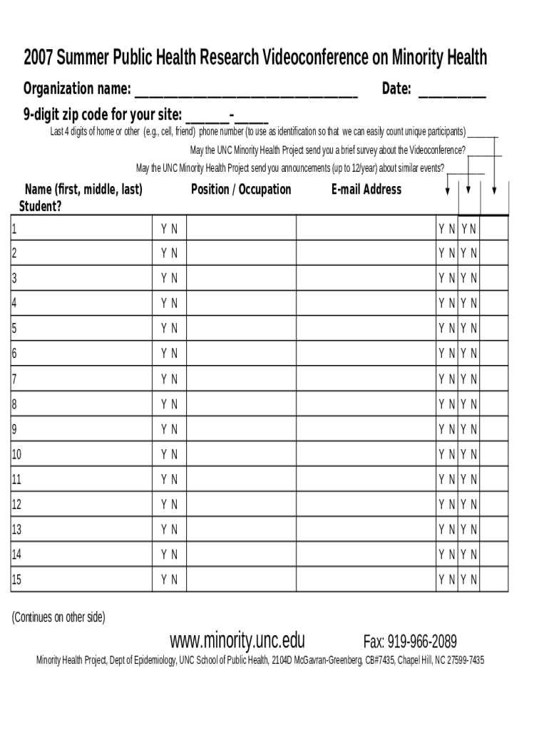 Attendance sheet. Annual Summer Public Health Research Videoconference ...