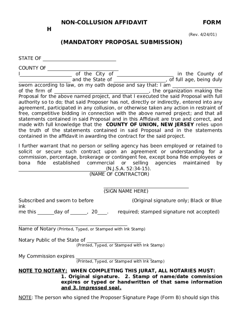 NON-COLLUSION AFFIDAVIT State of New Jersey County of Doc Template ...