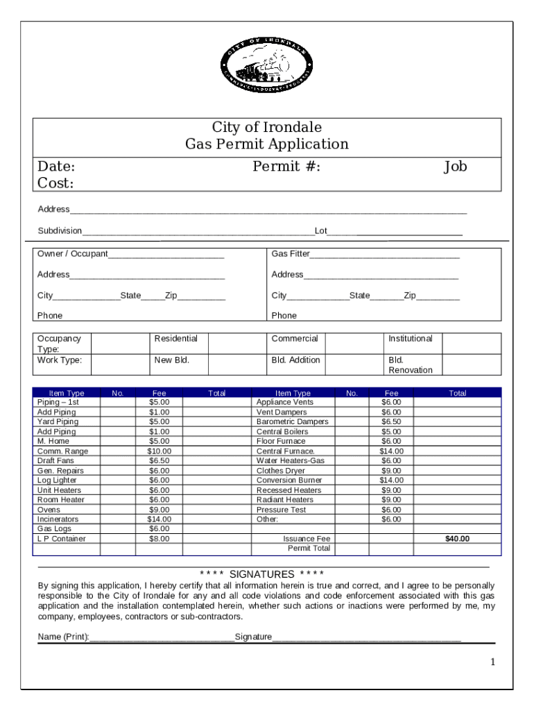 City of Irondale Gas Permit Application Date Doc Template | pdfFiller