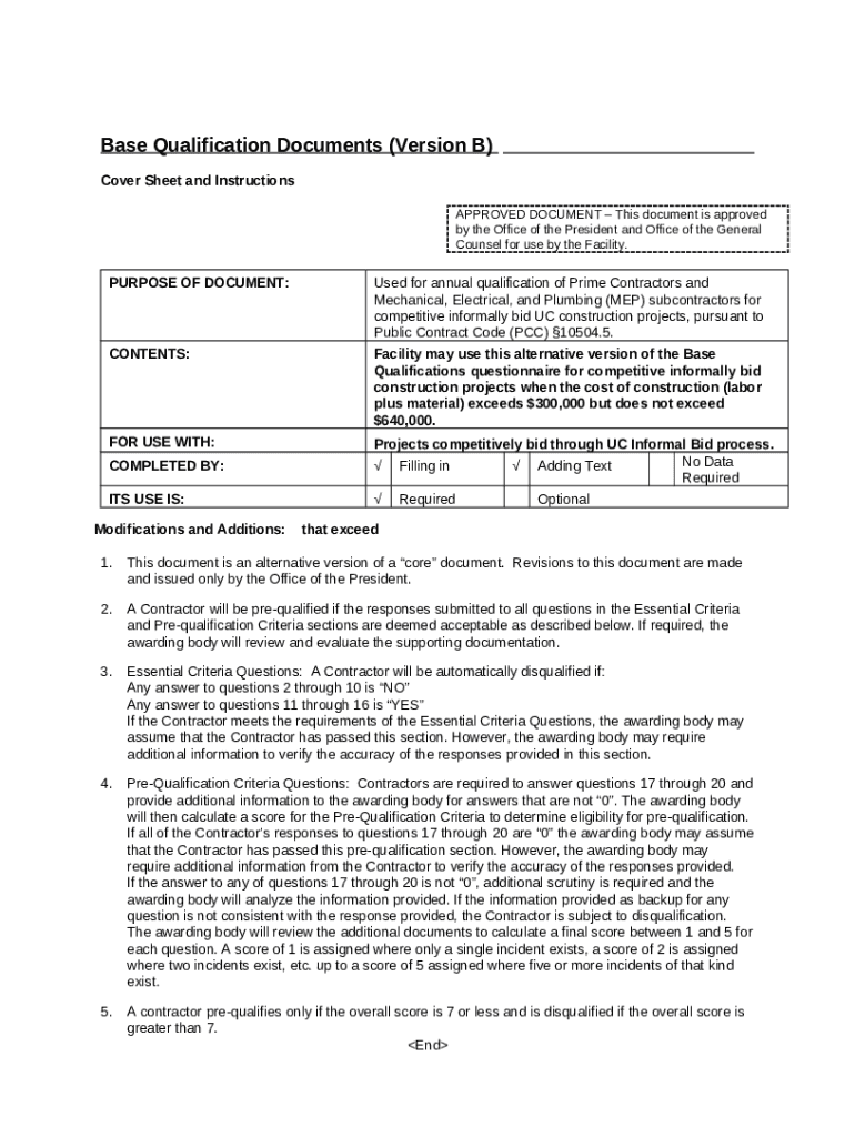 Base Qualification Questionnaire, Version B Doc Template | pdfFiller