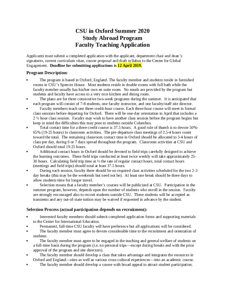 CSU in Oxford Summer and - Center for International Education Doc Template | pdfFiller
