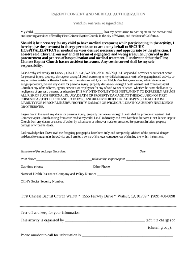 PARENT CONSENT AND MEDICAL AUTHORIZATION Doc Template | pdfFiller
