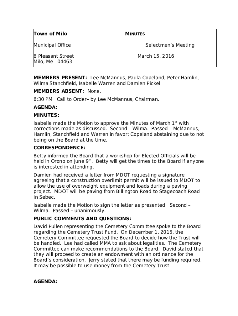 Passed - McMannus, Hamlin, Stanchfield and Warren in favor; Copeland ...