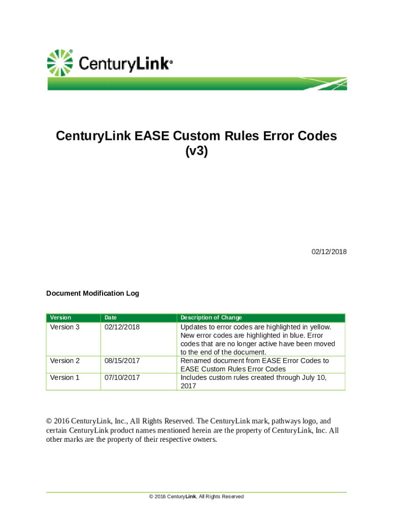 CenturyLink EASE Custom Rules Error Codes (v3) Doc Template | pdfFiller