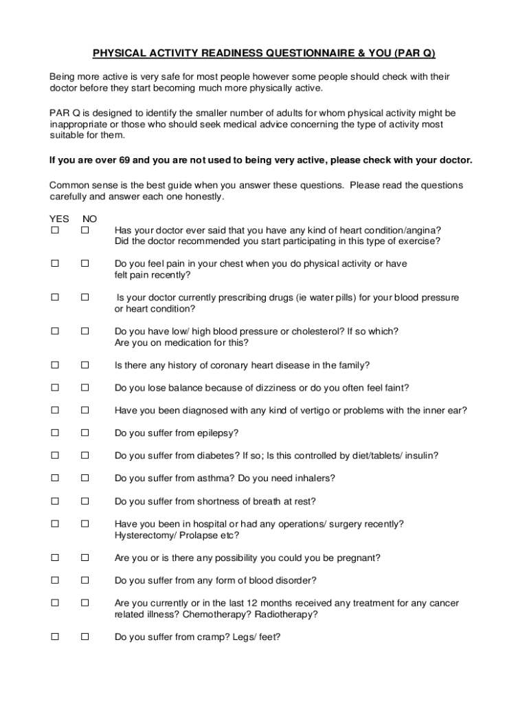 Fillable Online PHYSICAL ACTIVITY READINESS QUESTIONNAIRE & YOU ... Fax ...