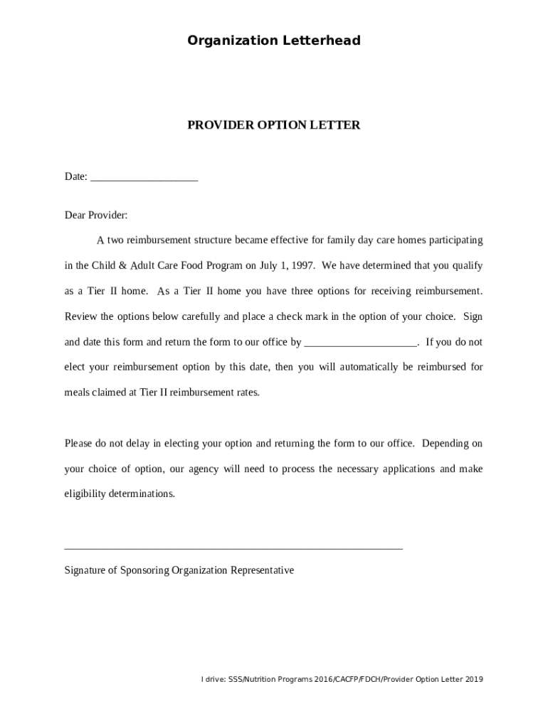 PROVIDER OPTION LETTER Doc Template | pdfFiller