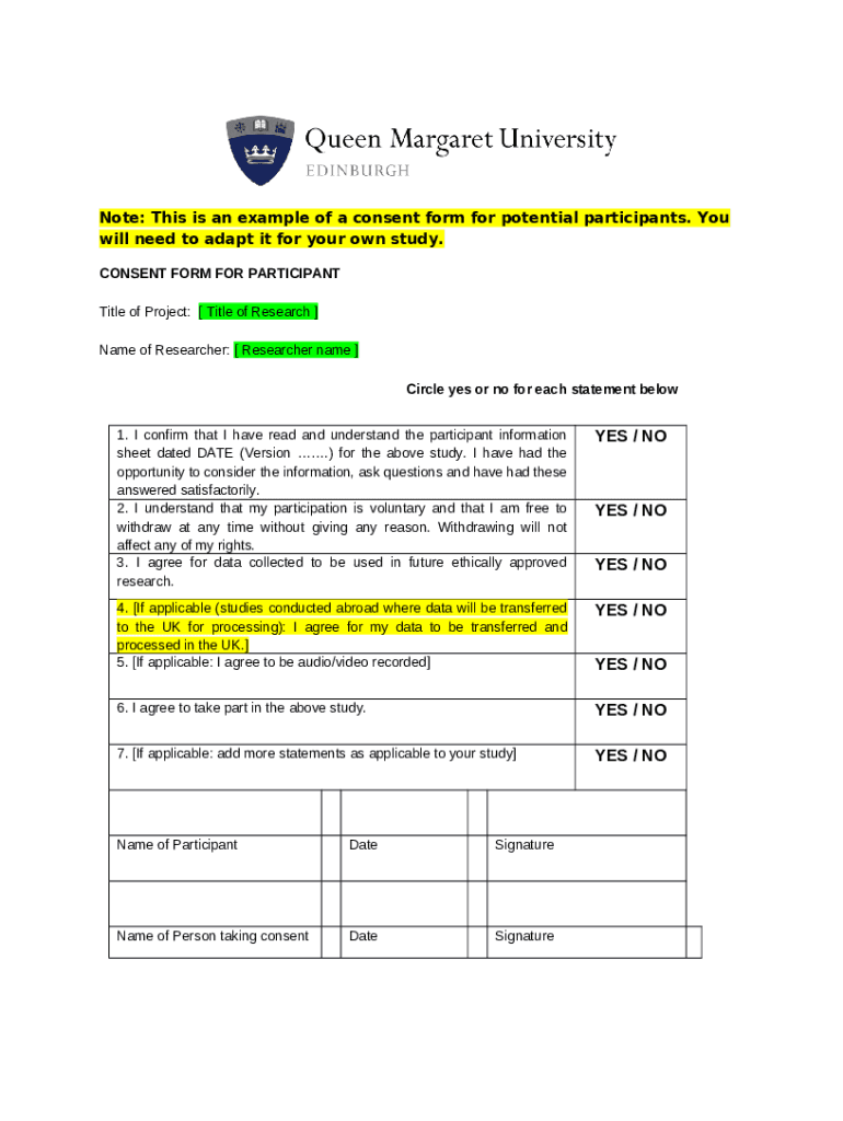 QMU Participant Consent Template Doc Template | pdfFiller