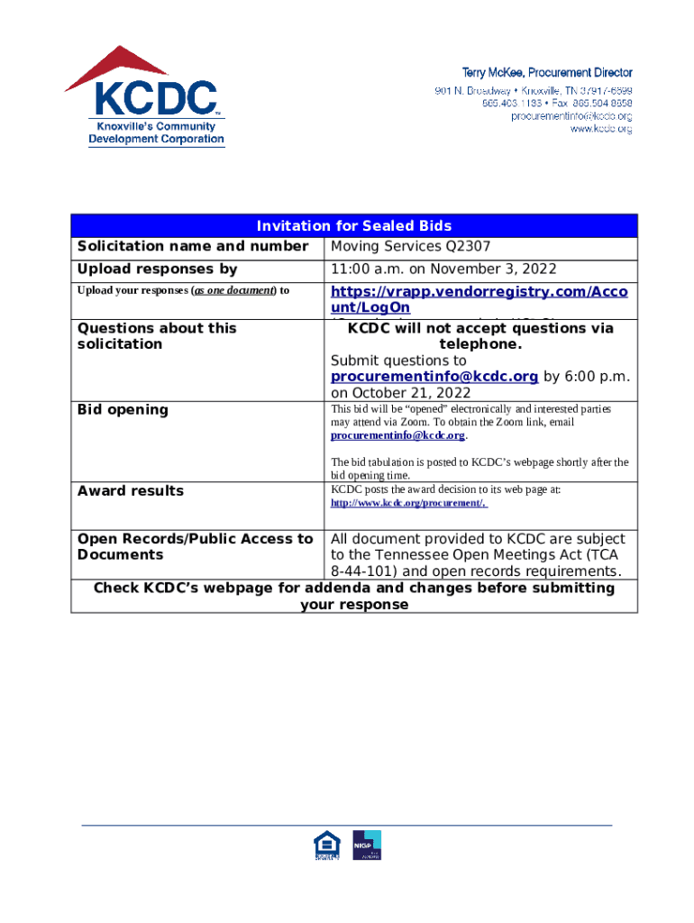 Sealed Solicitation - Moving Services Q2307 Doc Template | pdfFiller