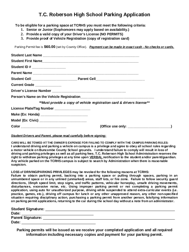 TC Roberson High School Parking Application Doc Template | pdfFiller