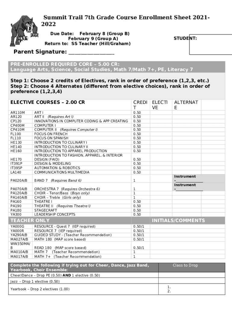 Summit Trail 7th Grade Course Enrollment Sheet 2021-2022 Doc Template ...