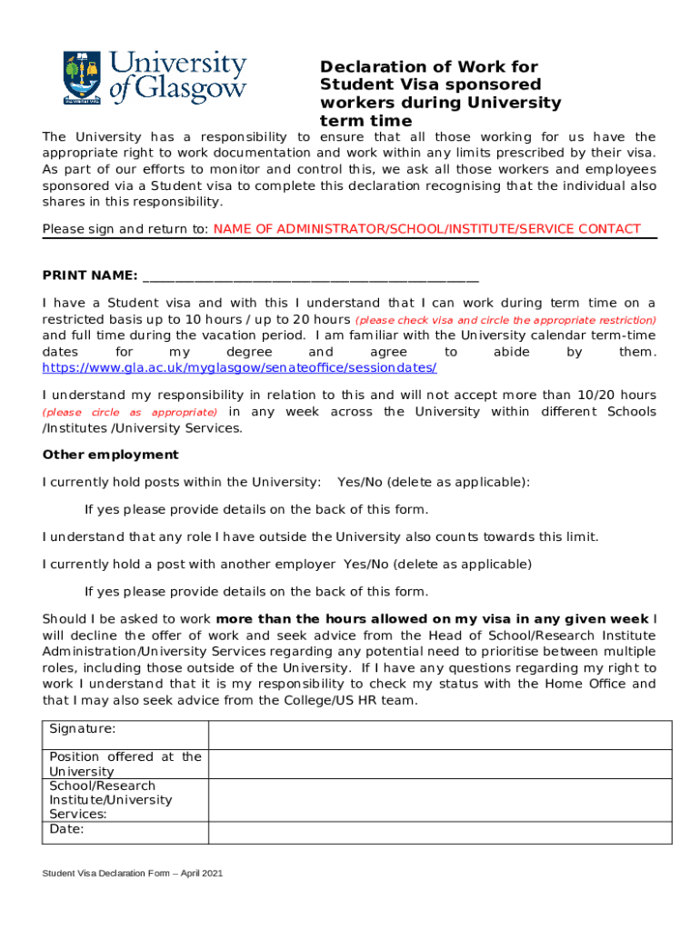 Declaration of Work for Student Visa sponsored workers ... Doc Template ...