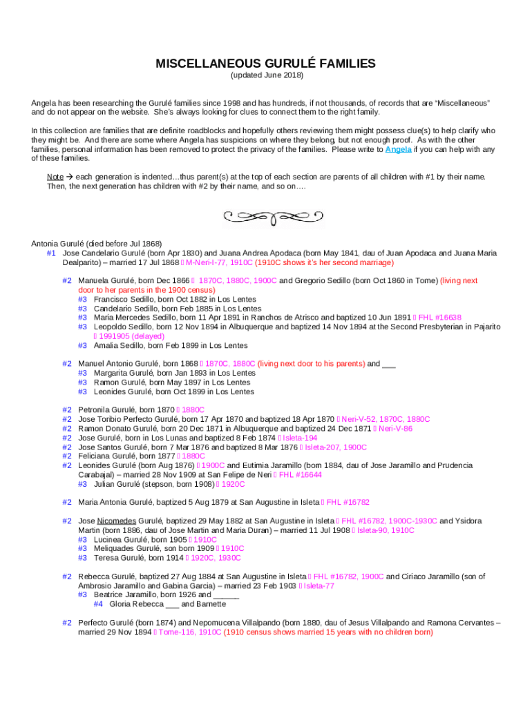 MISCELLANEOUS GURUL FAMILIES Doc Template | pdfFiller