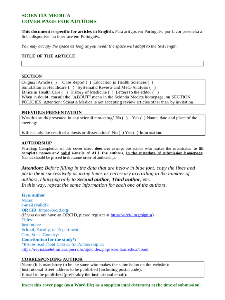 scientia medica cover page for authors Doc Template | pdfFiller