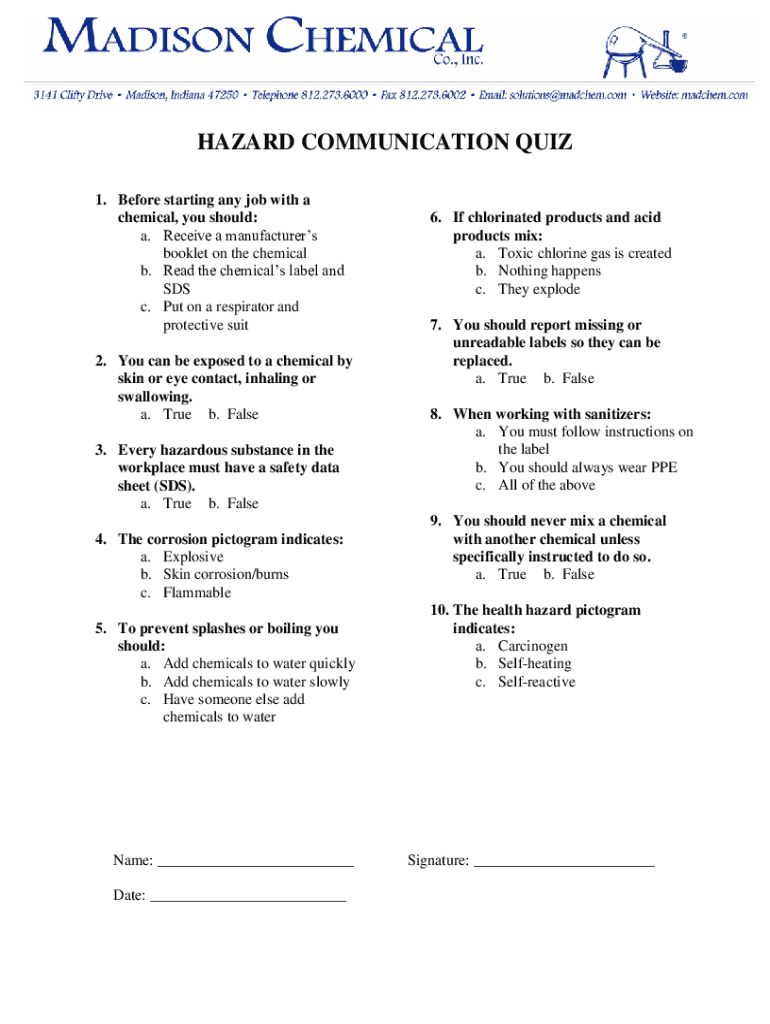 Fillable Online Hazard Communication & Chemical Safety Based on ... Fax ...