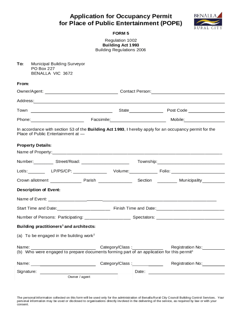 Occupancy Permit - Benalla Rural City Council - Victoria - ABLIS Doc Template | pdfFiller