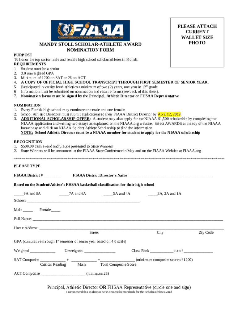 Online fiaaa mandy stoll scholar athlete award ... Doc Template | pdfFiller