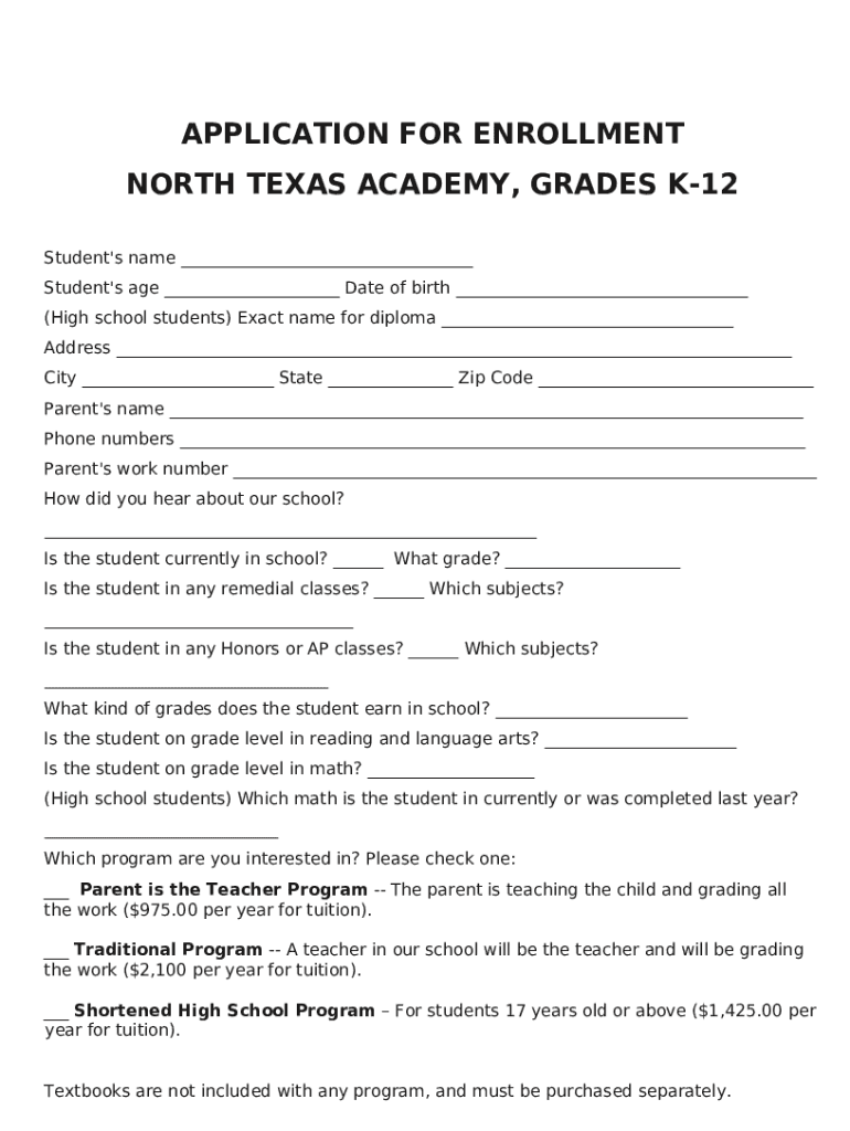 application for enrollment north texas academy, grades k-12 Doc ...