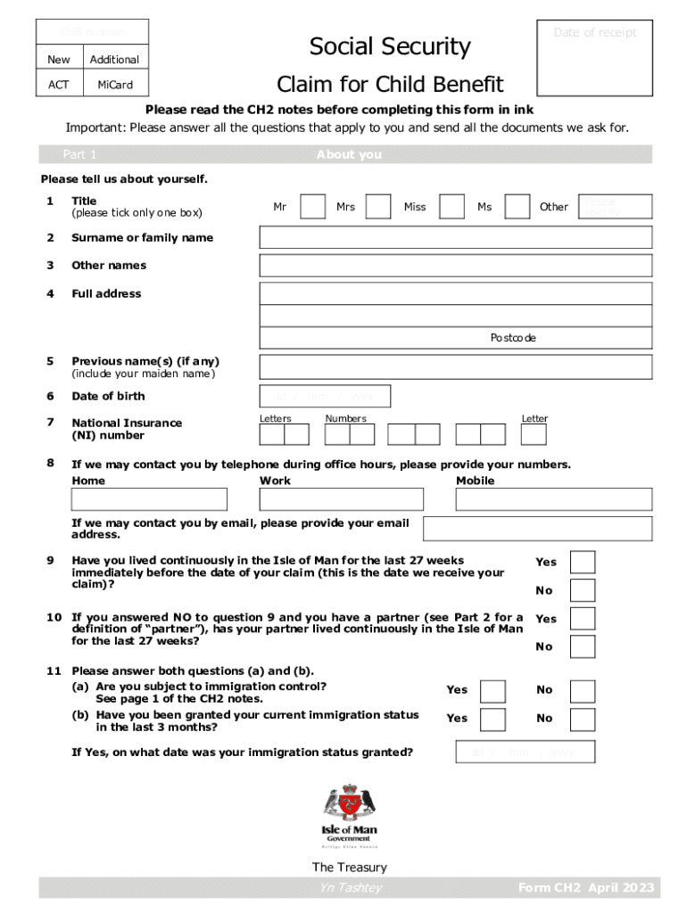 Fillable Online CH2 Child Benefit Claim FormPDFIncome Tax Fax Email ...