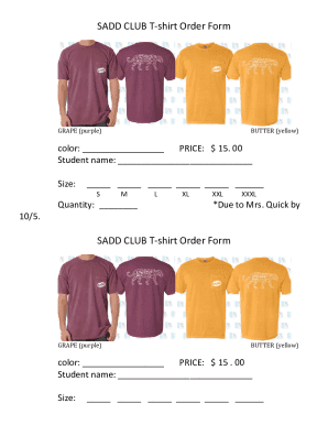 Fillable Online SADD CLUB T-shirt Order Form - SCHOOLinSITES Fax Email ...