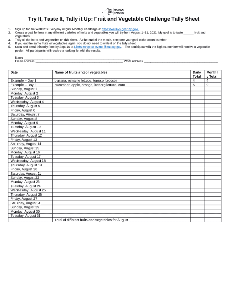 Fruit and Vegetable Challenge Tally Sheet Doc Template | pdfFiller