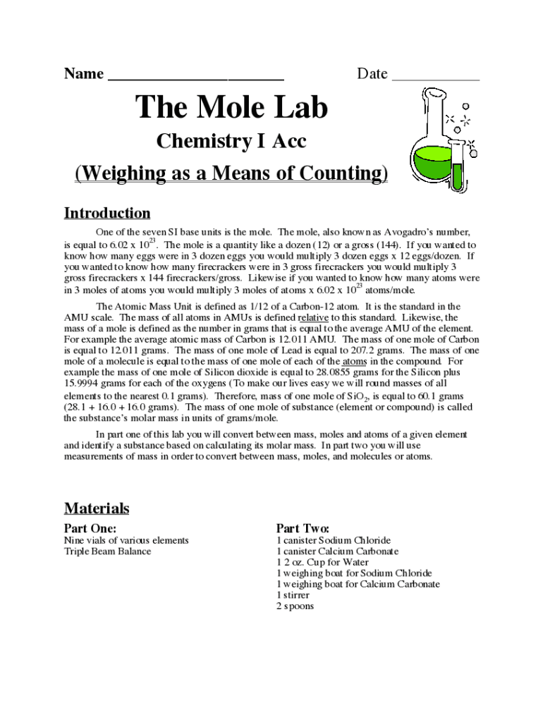 Fillable Online MoleLab.pdf - Name Date The Mole Lab Chemistry I Acc ...
