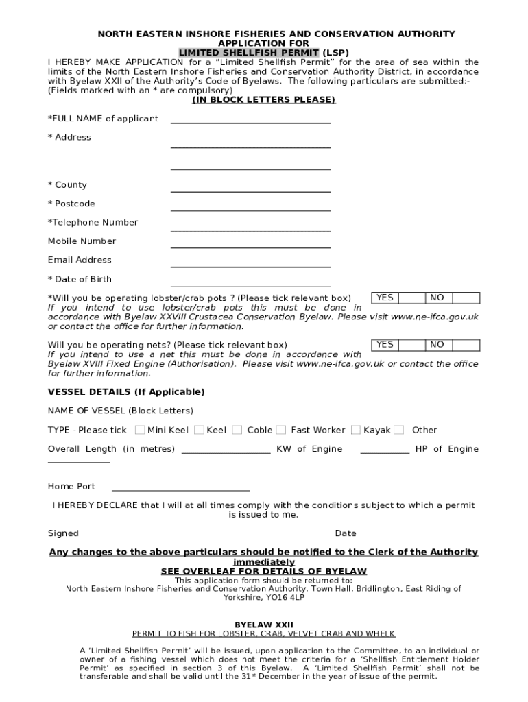 LIMITED SHELLFISH PERMIT (LSP) Doc Template | pdfFiller