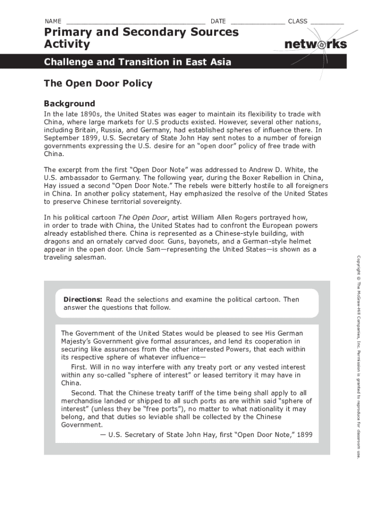 Fillable Online Primary and Secondary Sources Activity: The Open Door Policy Fax Email Print ...