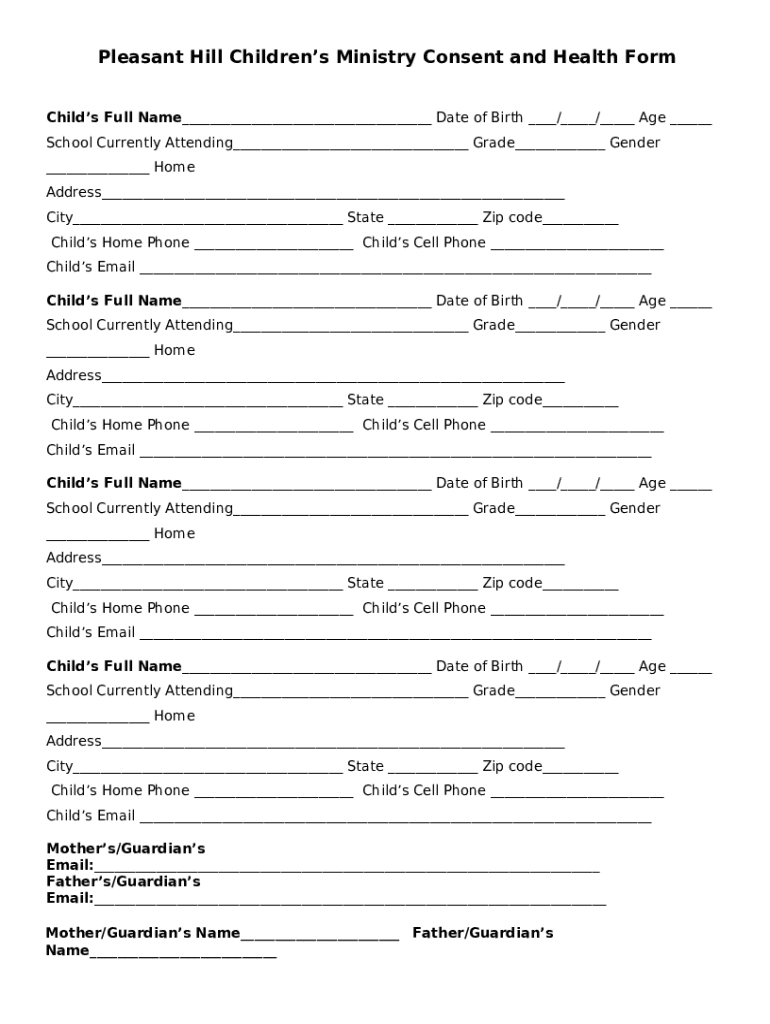 Pleasant Hill Children's Ministry Consent and Health Doc Template ...