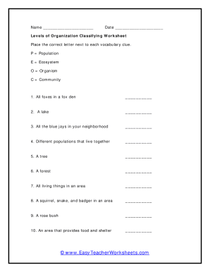 Fillable Online Levels of Organization Classifying Worksheet Place the ...
