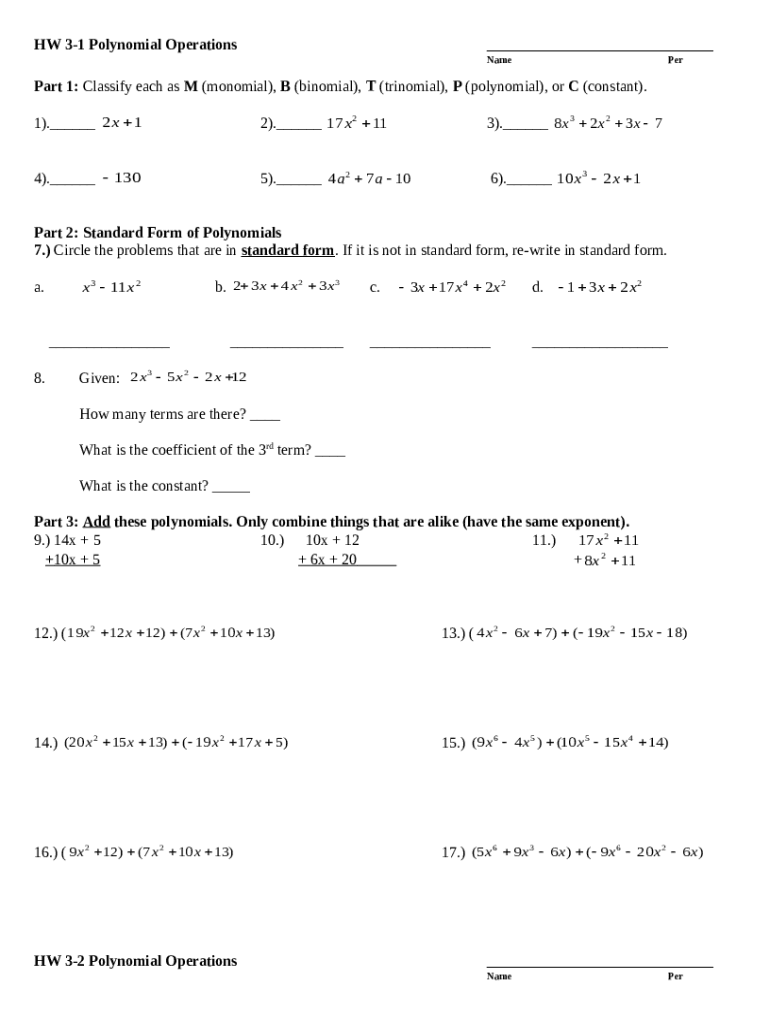Polynomials Worksheet #1 Doc Template | pdfFiller