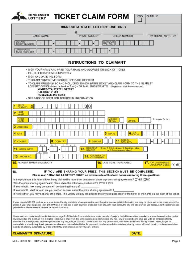 Fillable Online Get Ticket Claim Form - Minnesota State Lottery Fax ...