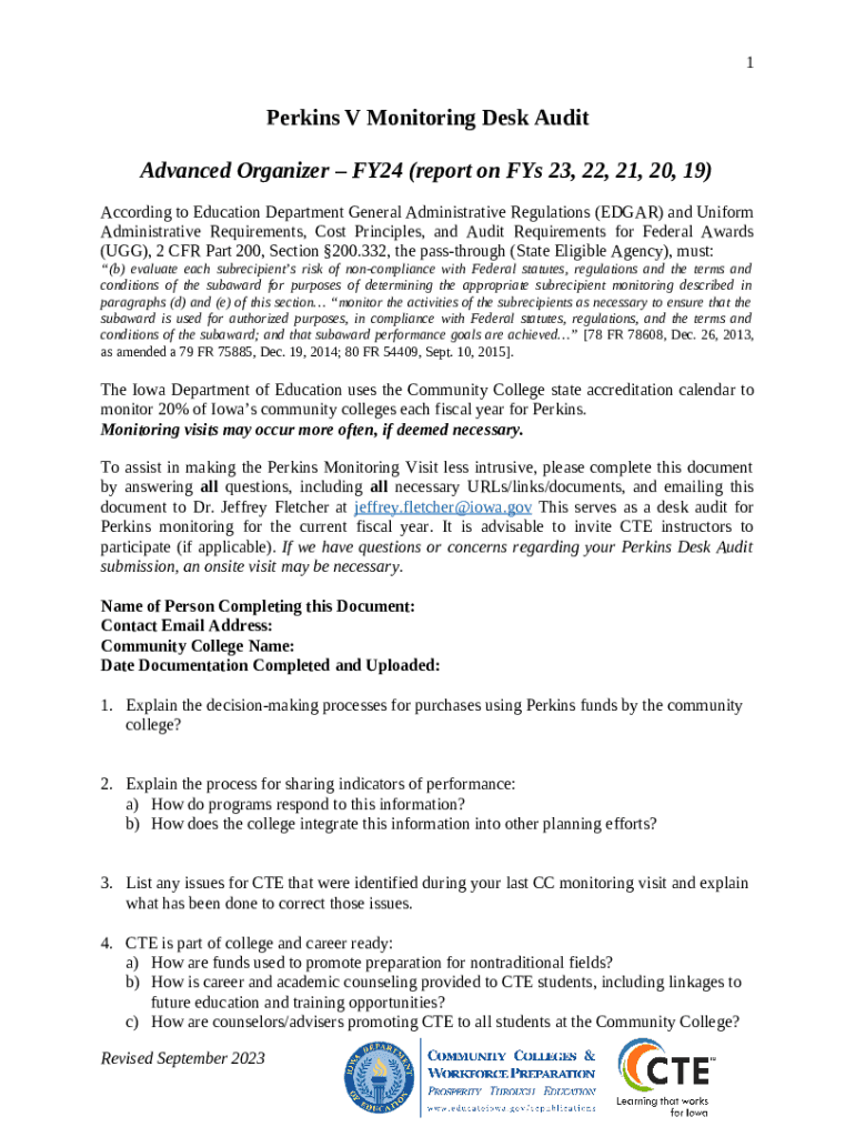 Perkins V Monitoring Desk Audit Advanced Organizer Doc Template | pdfFiller