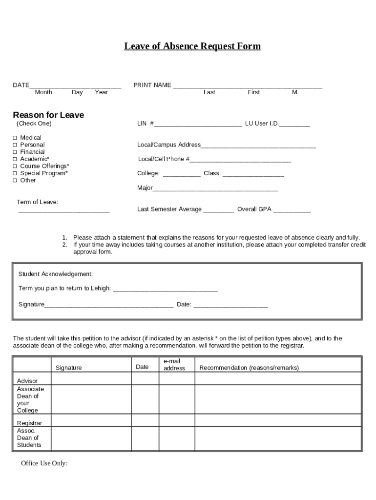 One-Day Leave Application Samples - studentaffairs lehigh Doc Template ...