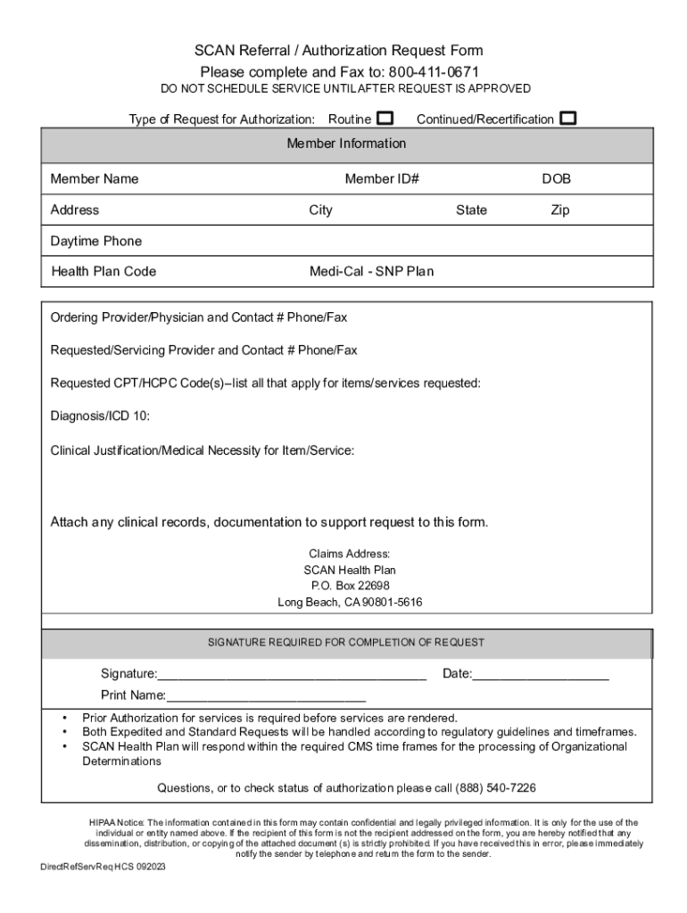Fillable Online SCAN Referral / Authorization Request Form Fax Email ...